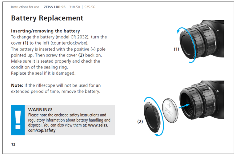 What type of battery is used on the ZEISS riflescopes LRP S5, where is ...